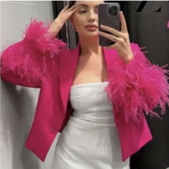 Zara | Jackets & Coats | Zara Pink Short Feather Blazer | Poshmark